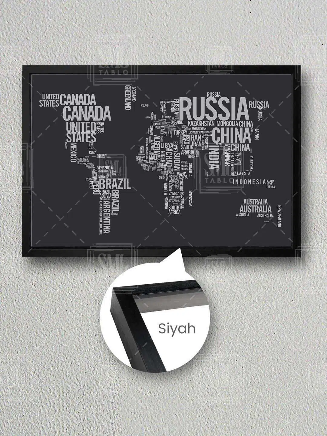 Siyah Beyaz Ülkelerin İsimleri Modern Dünya Haritasi Çerçeveli Yatay ...