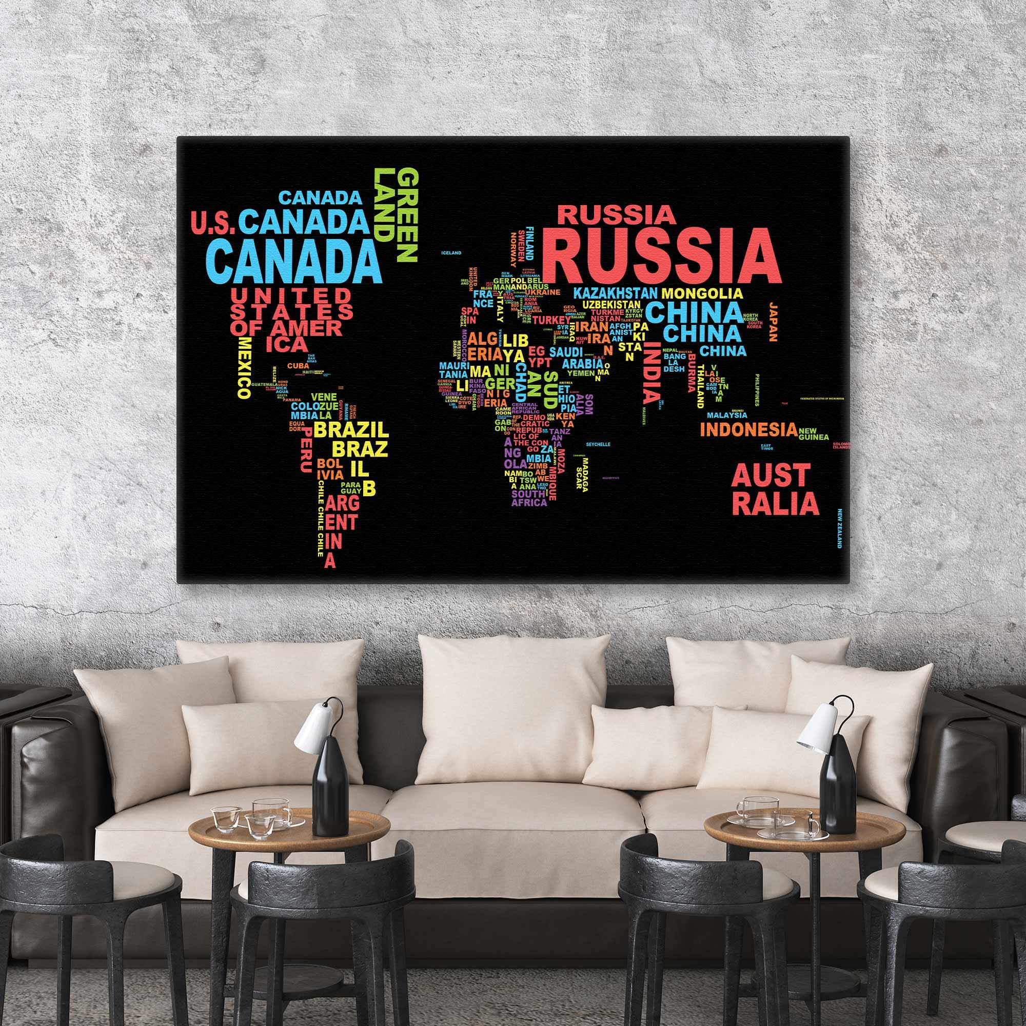 Ülke İsimleri Yazan Dünya Haritası World Map Yatay Kanvas Tablo