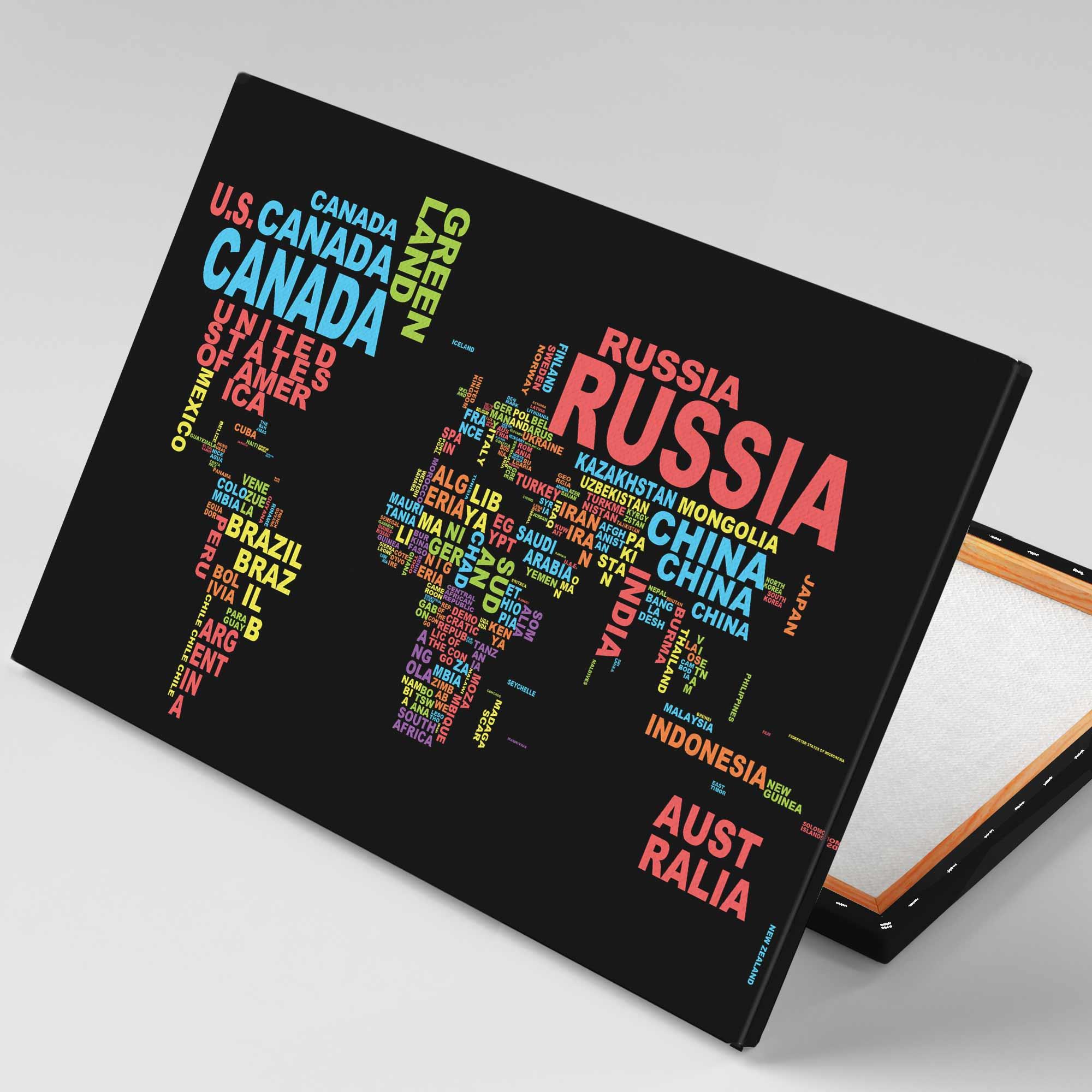 Ülke İsimleri Yazan Dünya Haritası World Map Yatay Kanvas Tablo