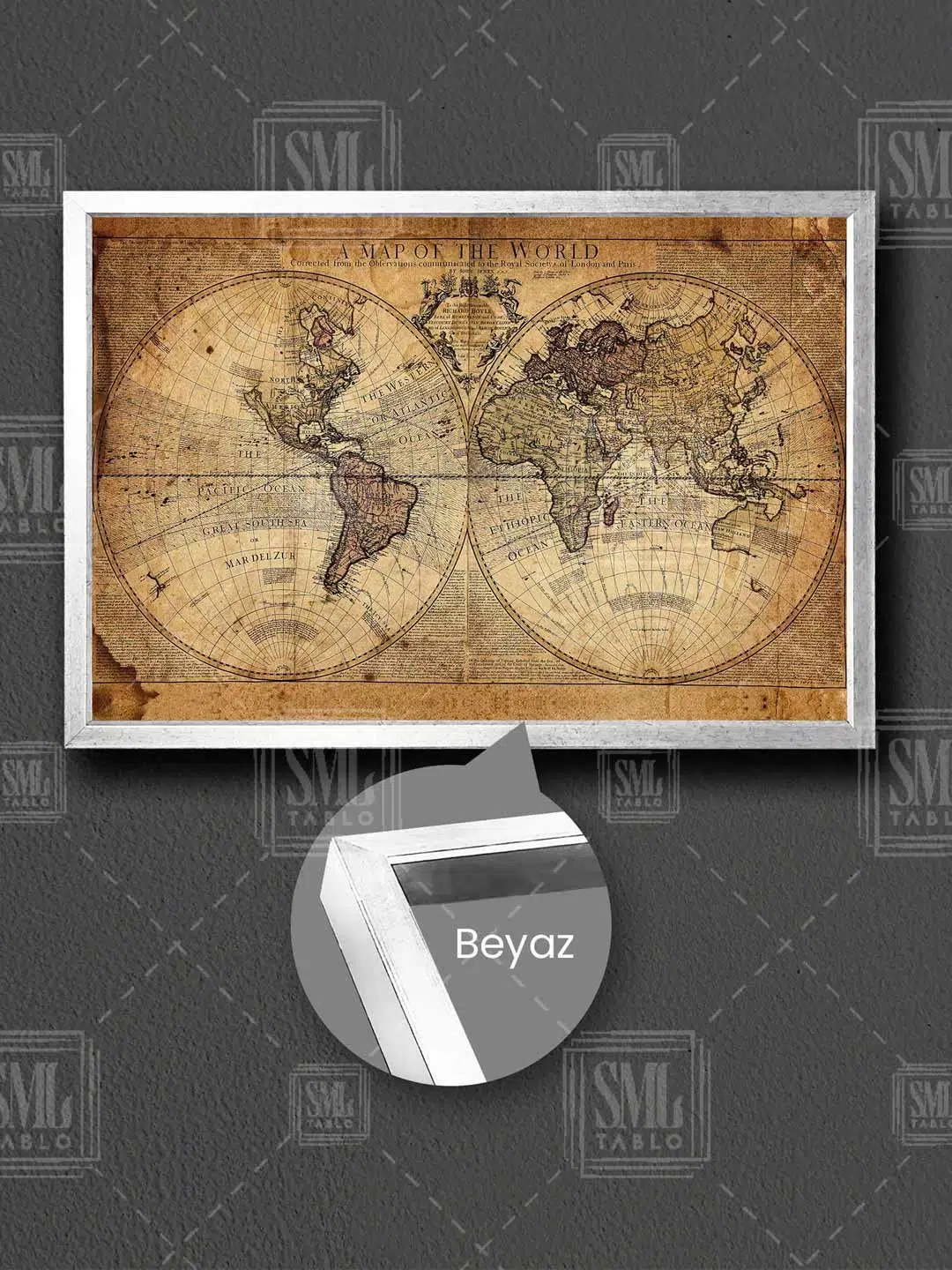Vintage Dünya Haritası Eski Harita World Map Çerçeveli Yatay Kanvas Tablo